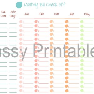 Colorful Monthly Bill Check off 8 1/2 X 11 - Etsy