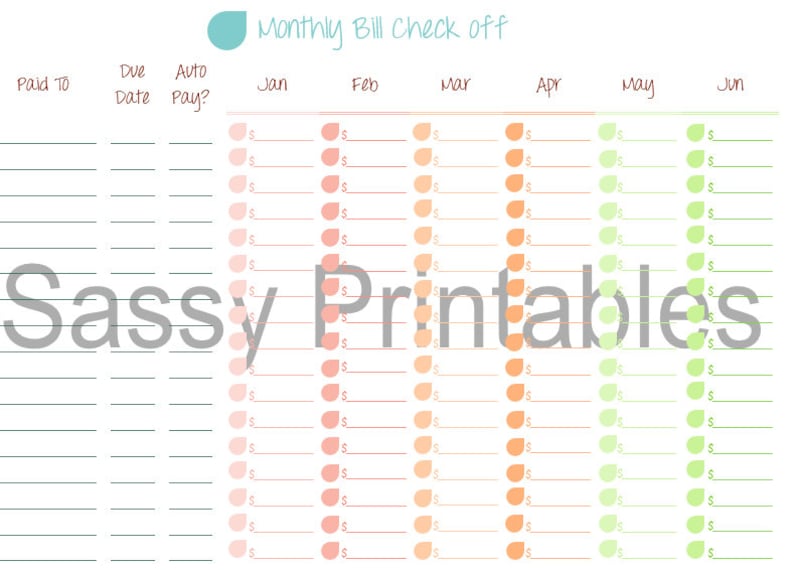 Colorful Monthly Bill Check off 8 1/2 X 11 - Etsy