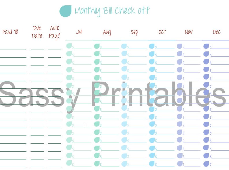 Colorful Monthly Bill Check off 8 1/2 X 11 - Etsy