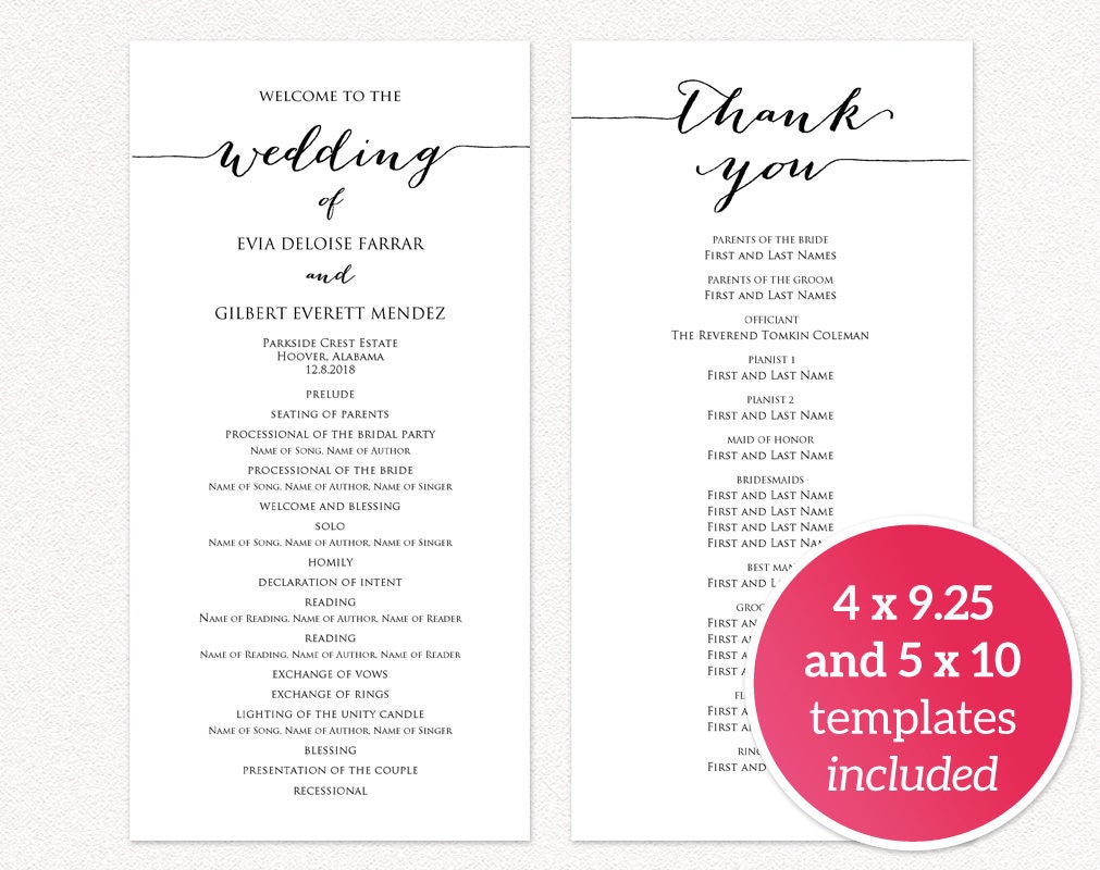 Wedding Program Templates Ceremony Program Template TWO | Etsy