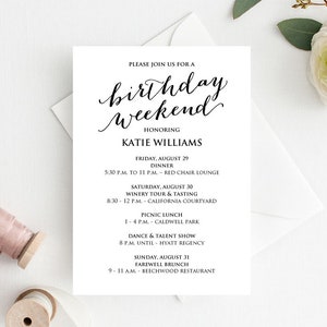 Birthday Weekend Itinerary, Birthday Weekend Invitations, Birthday ...