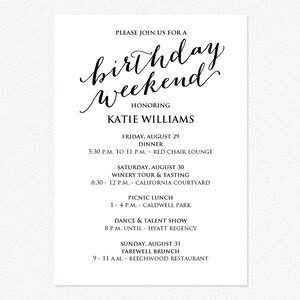 Birthday Weekend Itinerary, Birthday Weekend Invitations, Birthday ...