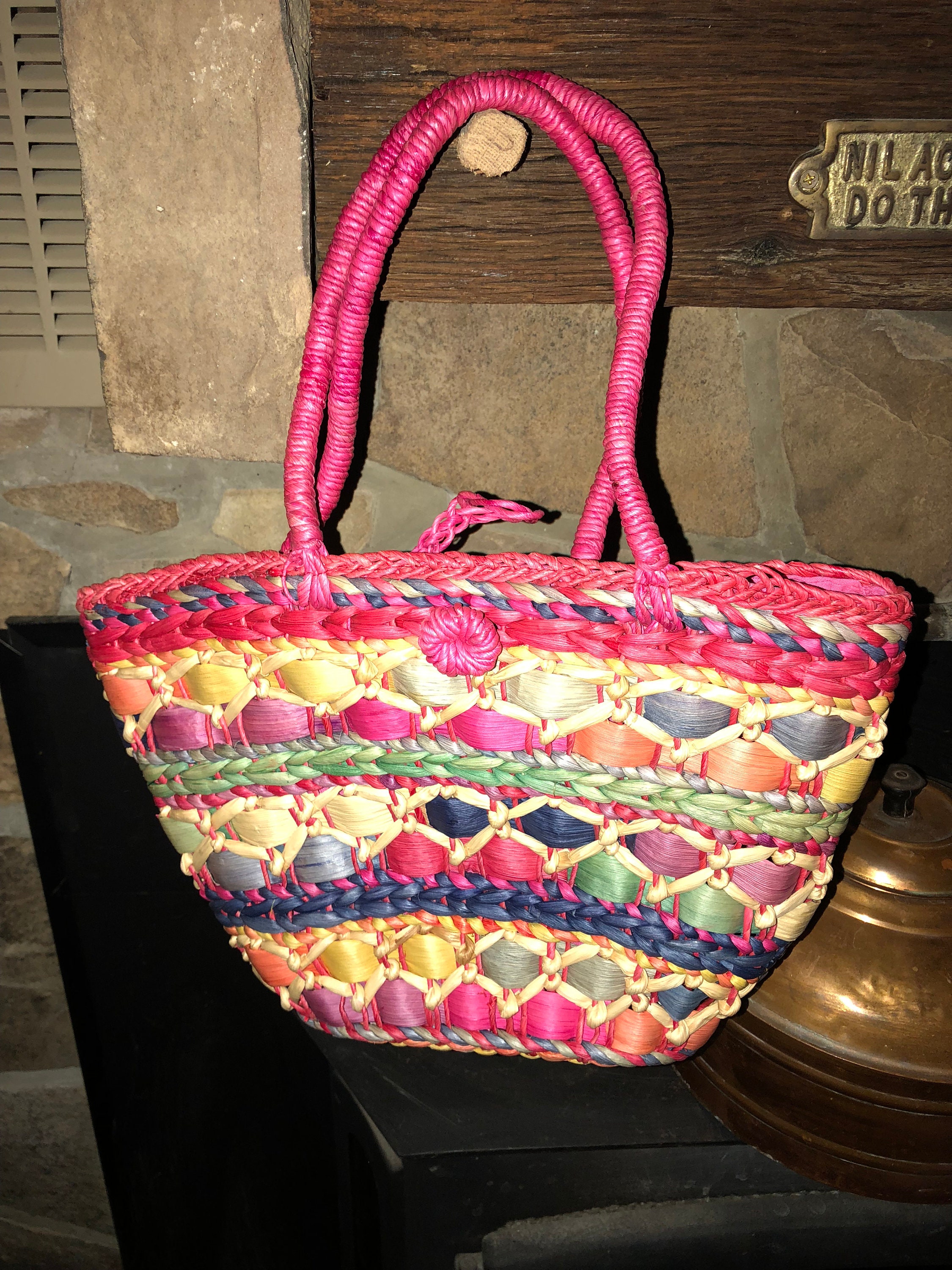 Woven Straw Beach Bag, Easter Basket Tote, Hot Pink Market Bag