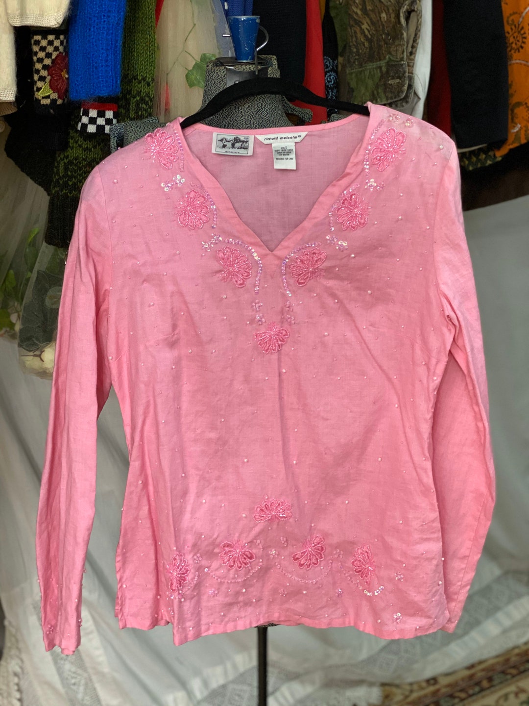 Pink Womens Top, Irish Linen Pullover Blouse, Beads and Sequins Top - Etsy