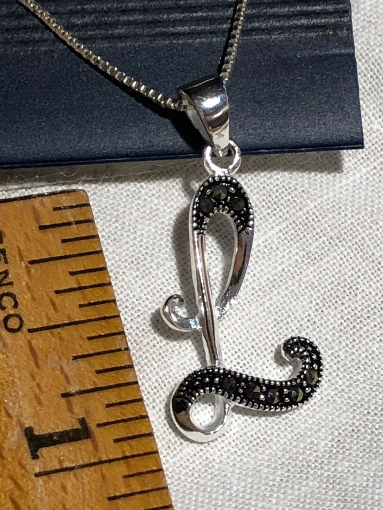 Letter L Necklace, Cursive letter L Charm, Marcasite Silver Plate chain