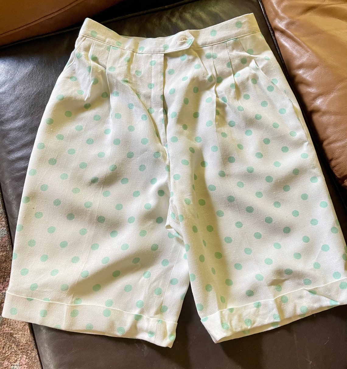 Vintage Womens Linen Shorts Polka Dot Green Slacks Retro | Etsy