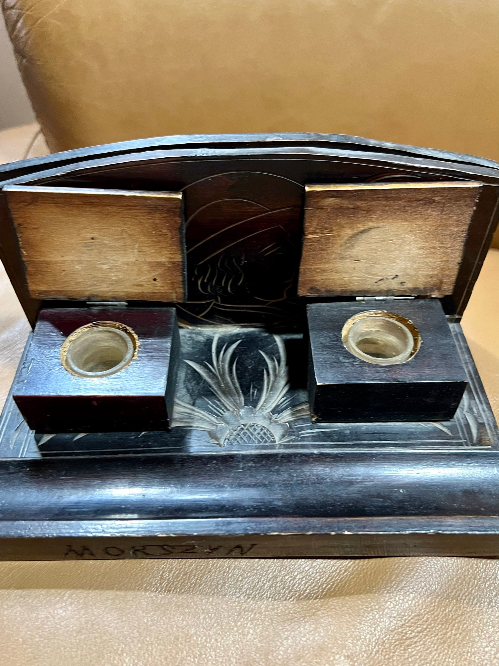 Antique Desk Ink Box Carved Wood Inkwell Holder Home Office - Etsy