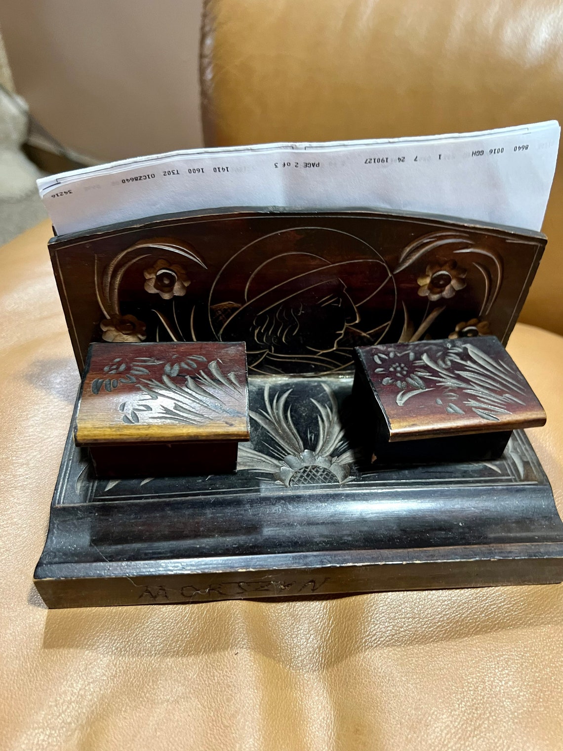 Antique Desk Ink Box Carved Wood Inkwell Holder Home Office - Etsy