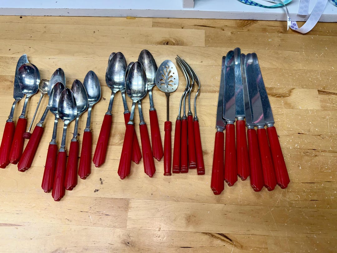 Red Handled Flatware Vintage, Retro Kitchen Silverware Mid Century Home ...