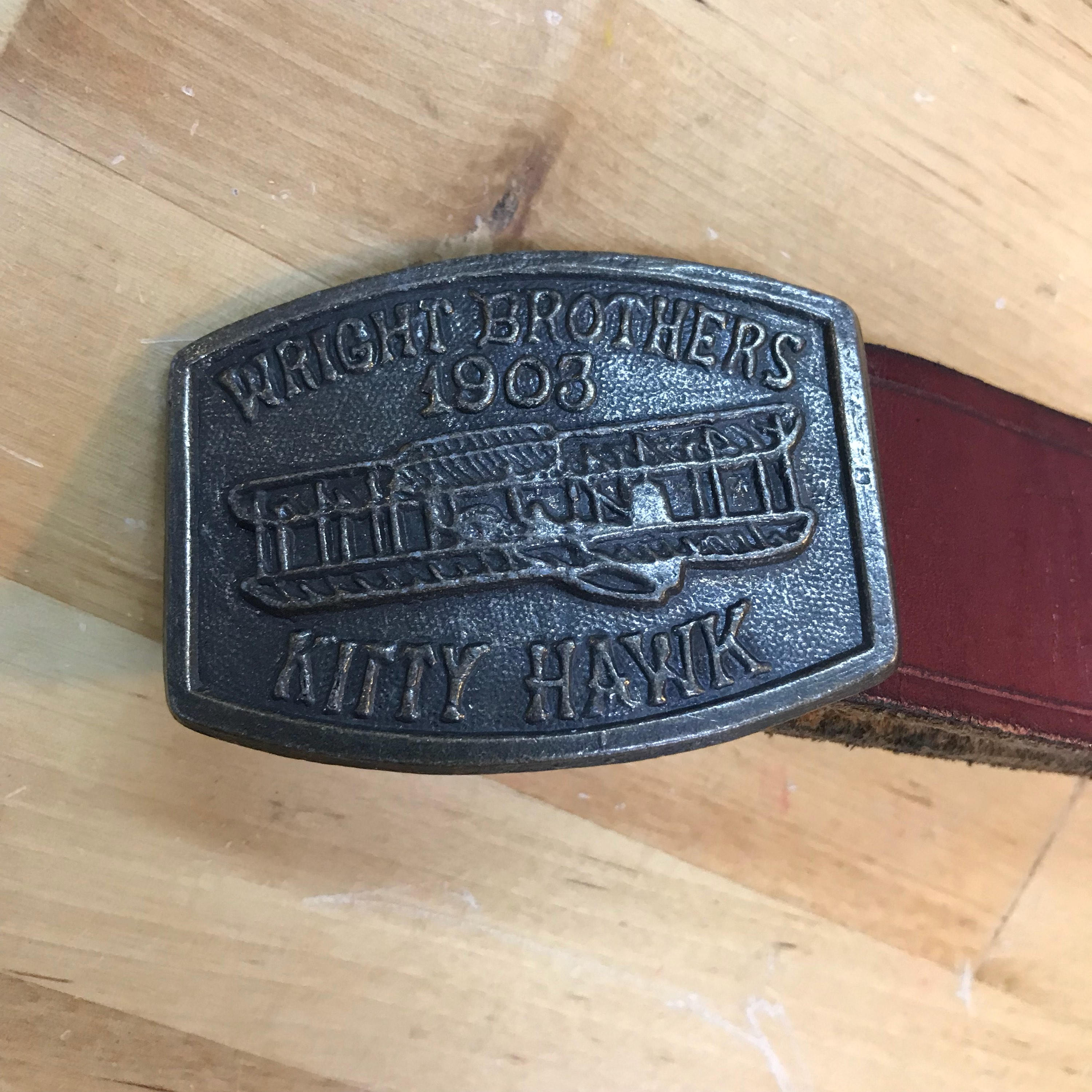 Wright Brothers Kitty Hawk belt / leather vintage belt / brass belt buckle