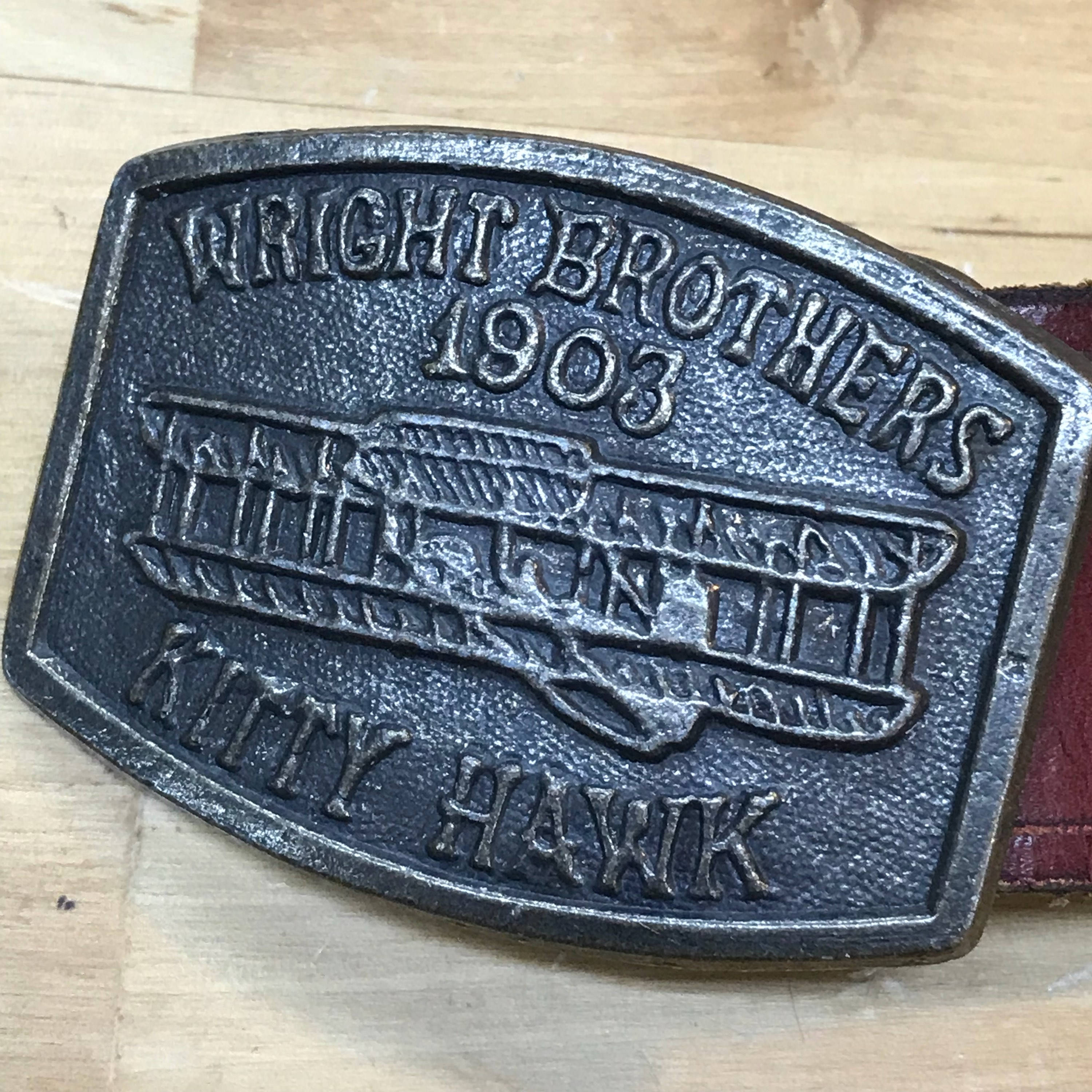 Wright Brothers Kitty Hawk belt / leather vintage belt / brass belt buckle