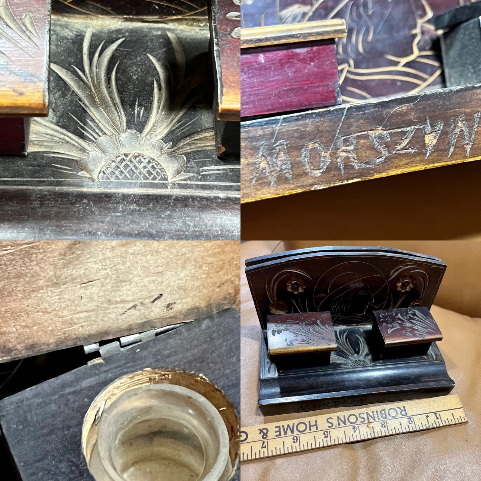 Antique Desk Ink Box Carved Wood Inkwell Holder Home Office - Etsy