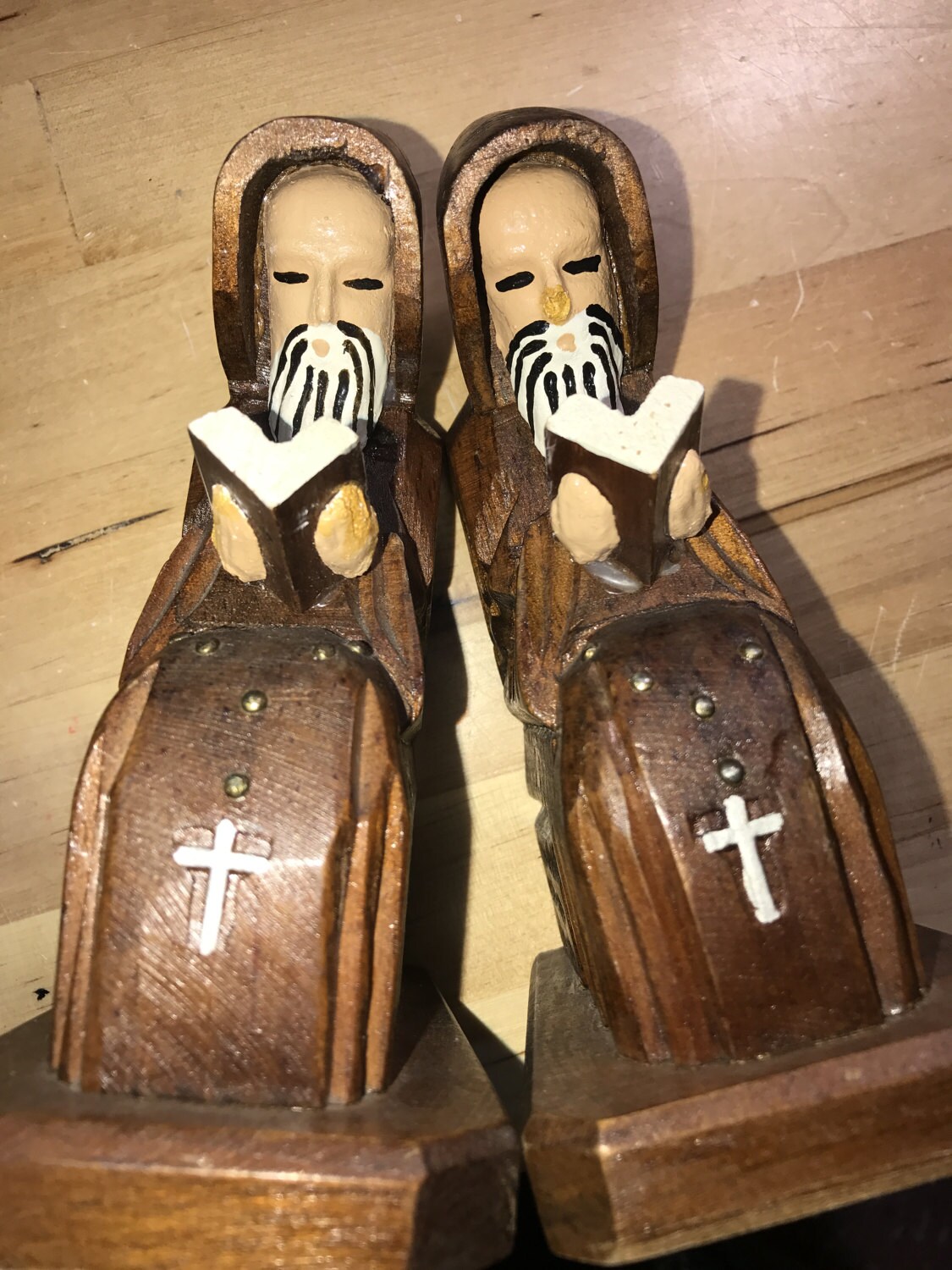 Carved Wood Monk Bookends Vintage