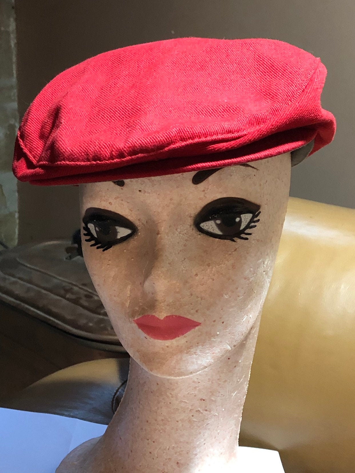 Red Men's Golf Cap - Cotton Father's Day Hat - Old Newsboy Style Cap