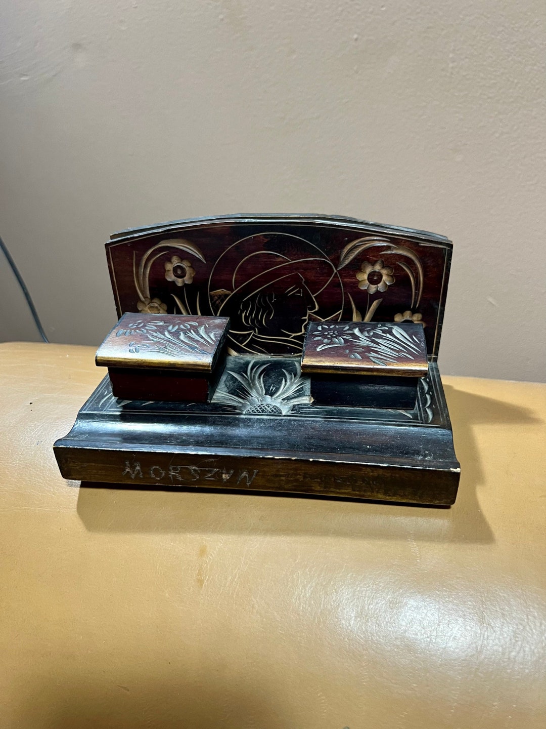 Antique Desk Ink Box, Carved Wood Inkwell Holder, Home Office Decor - Etsy
