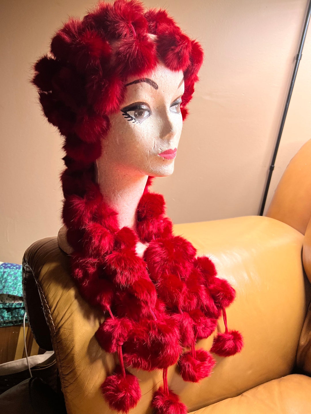 Red Fur Scarf, Pom Pom Rabbit Winter Wrap, Holiday - Etsy