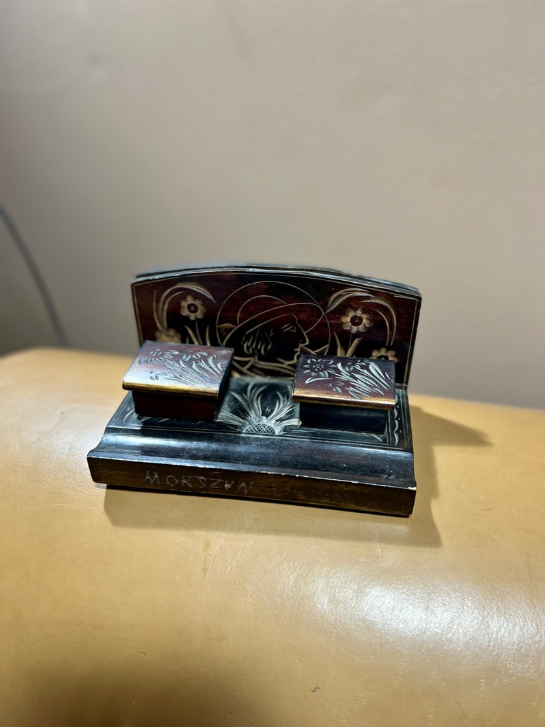 Antique Desk Ink Box Carved Wood Inkwell Holder Home Office - Etsy