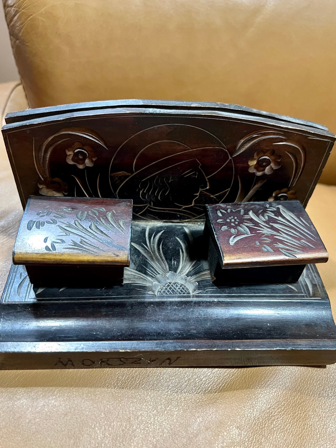 Antique Desk Ink Box Carved Wood Inkwell Holder Home Office - Etsy