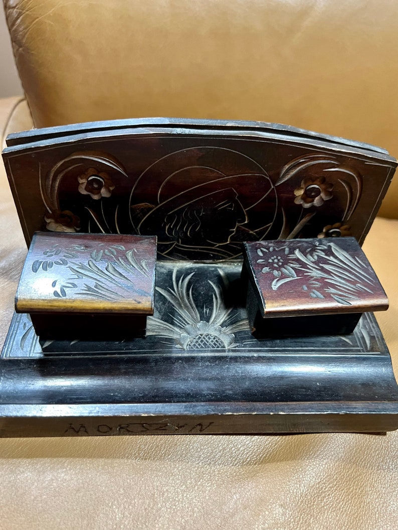 Antique Desk Ink Box Carved Wood Inkwell Holder Home Office - Etsy