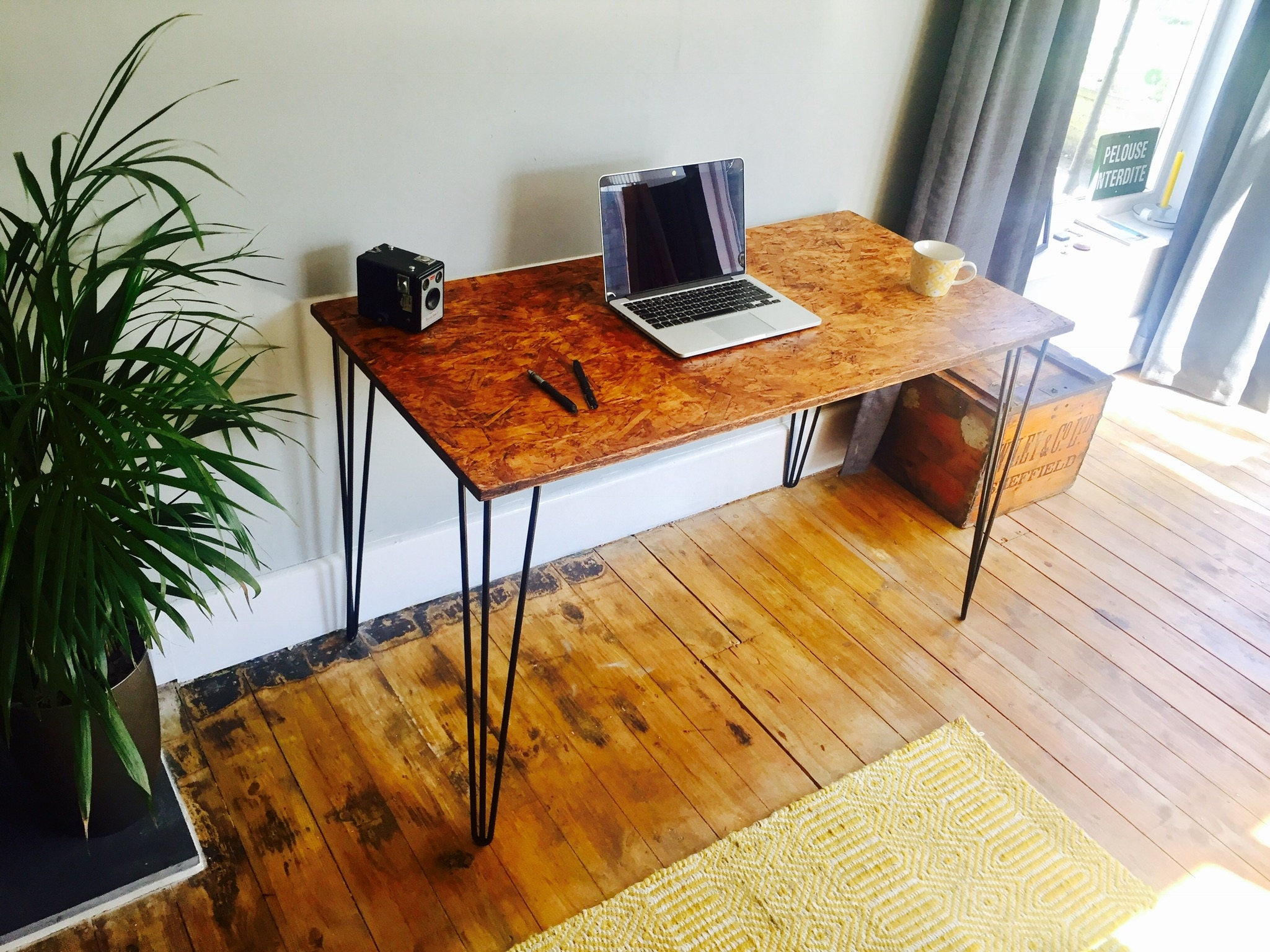 OSB industrial desk with black steel hairpin legs | Etsy