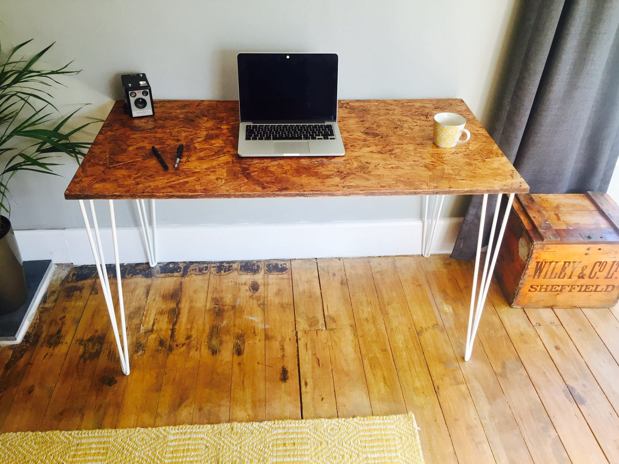 OSB Industrial Desk With White Steel Hairpin Legs | Etsy