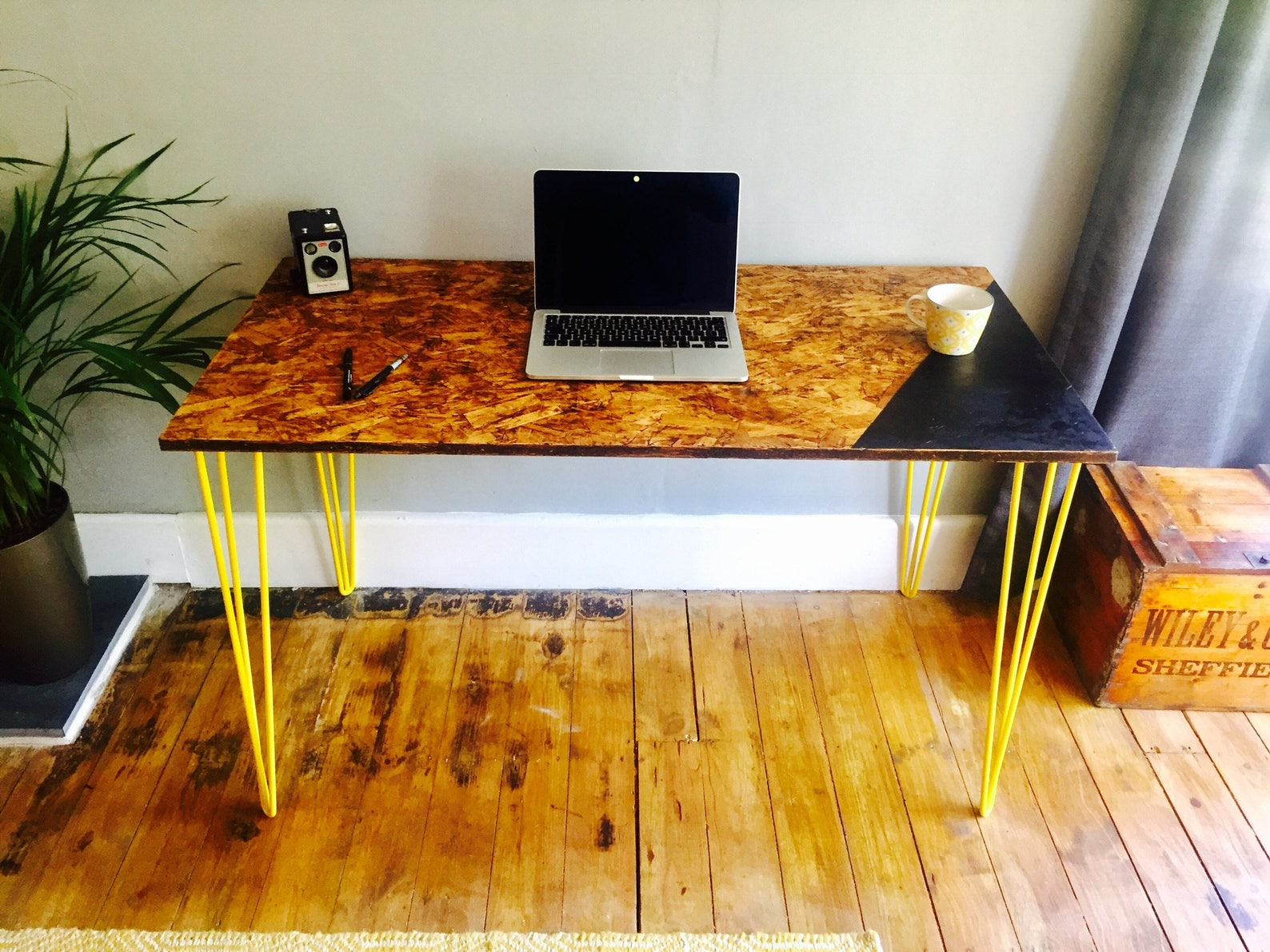 OSB Industrial Desk With Yellow Steel Hairpin Legs and Chalk - Etsy UK