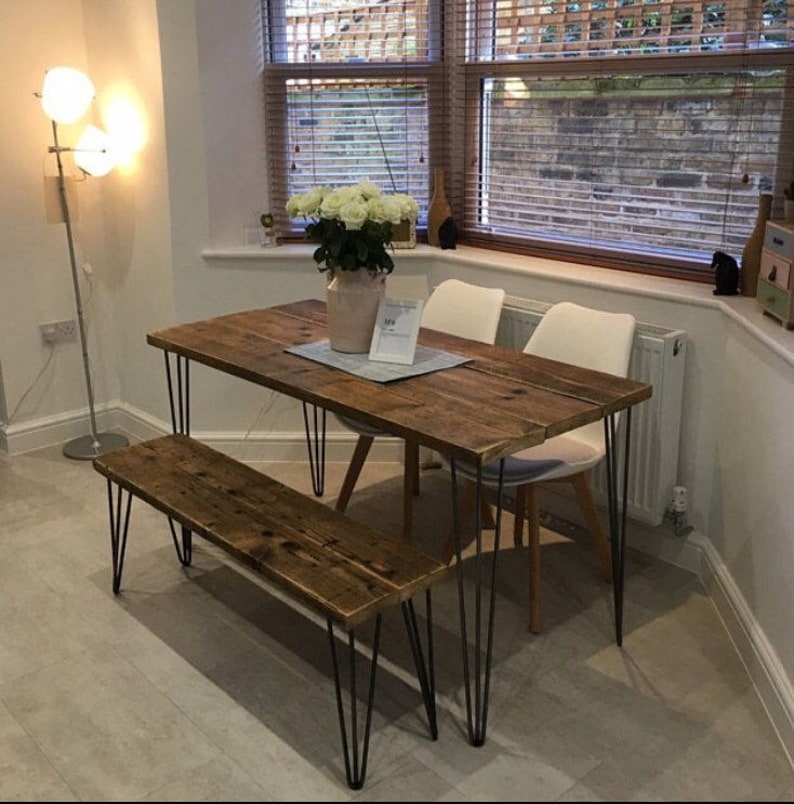 Reclaimed wood dining table and bench hairpin legs | Etsy