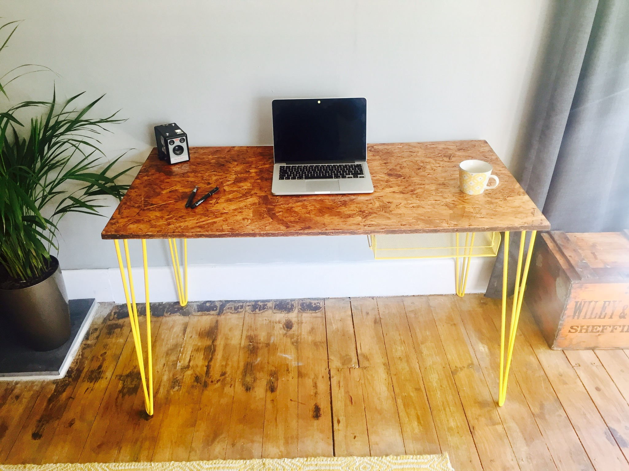 OSB Industrial Desk With Yellow Steel Hairpin Legs - Etsy UK