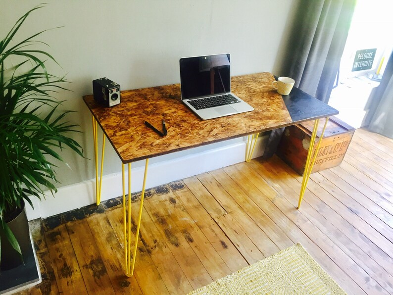 OSB Industrial Desk With Yellow Steel Hairpin Legs and Chalk Board Zone ...