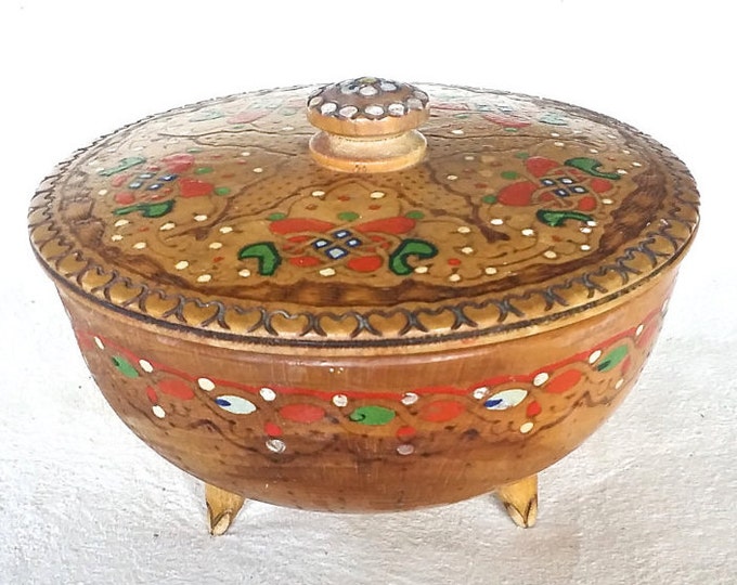 Vintage Wooden Hand Painted Pyrography Engraved Footed Bowl With Lid ...