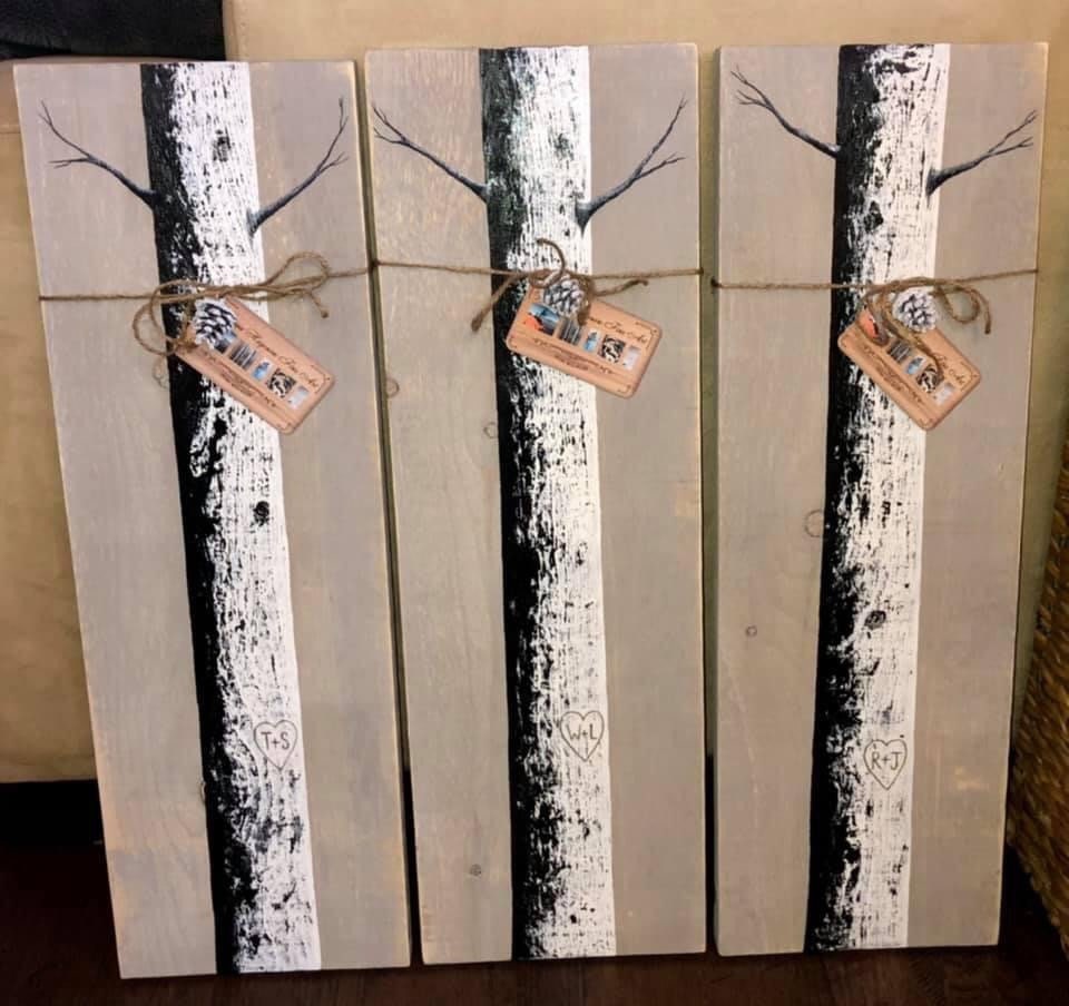 Hand Painted and Personalised Birch Trees on Rustic Barn Wood. - Etsy
