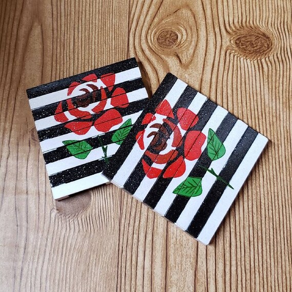 Black and White Stripe Pallet Coasters Red Rose Mini Pallet - Etsy