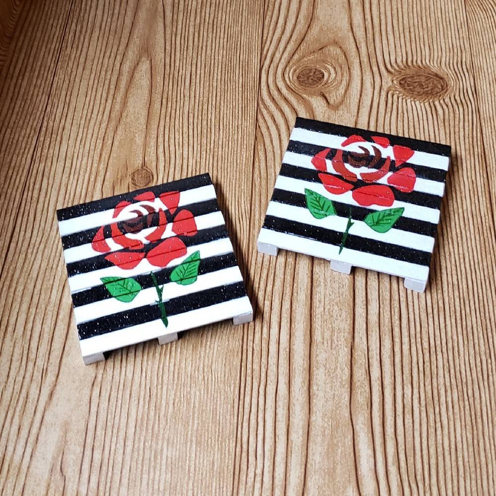 Black and White Stripe Pallet Coasters Red Rose Mini Pallet - Etsy