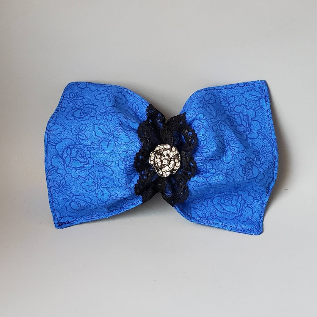 Blue Rose Fabric Hair Bow, Black Lace Rhinestone Barrette - Etsy