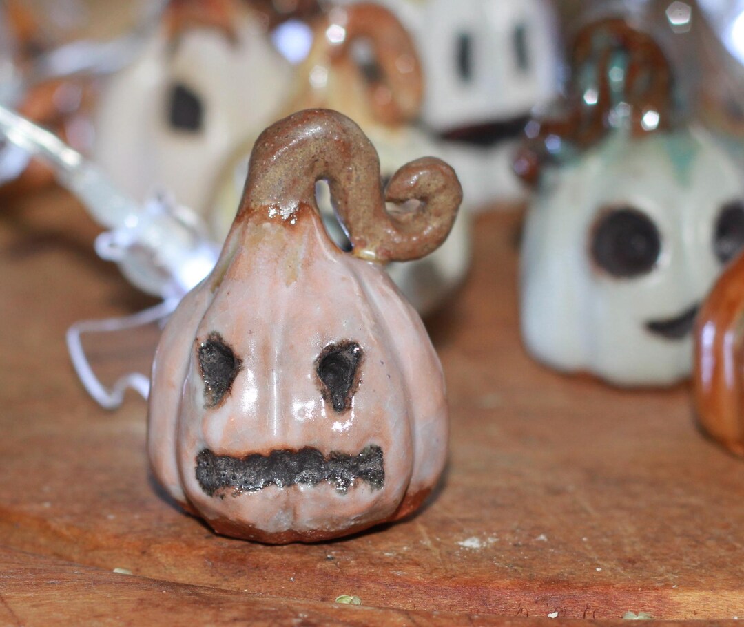 Tiny Jack O Lantern Face Ceramic Pumpkin - Soft Peach Handmade ...