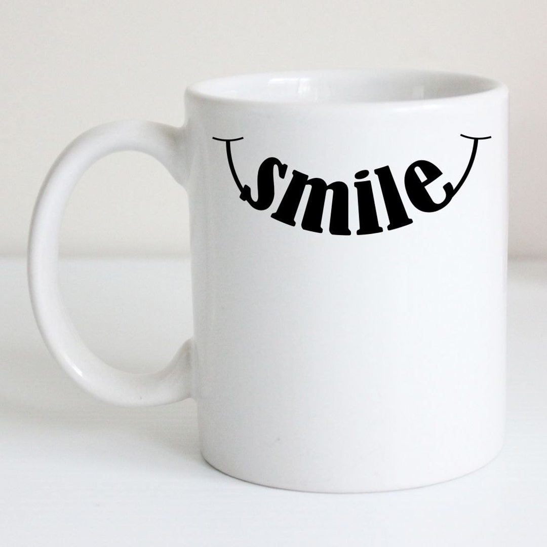 Smile Coffee Mug - Word Art Tea Cup, Black and White Minimalist Design ...