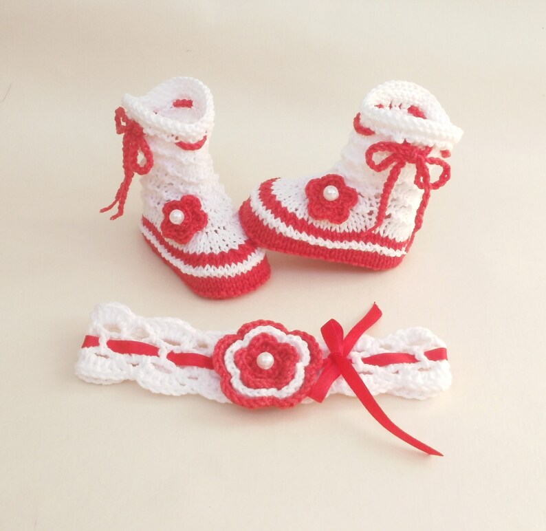 Red and White Baby Socks and Headband Knitted Socks Baby | Etsy