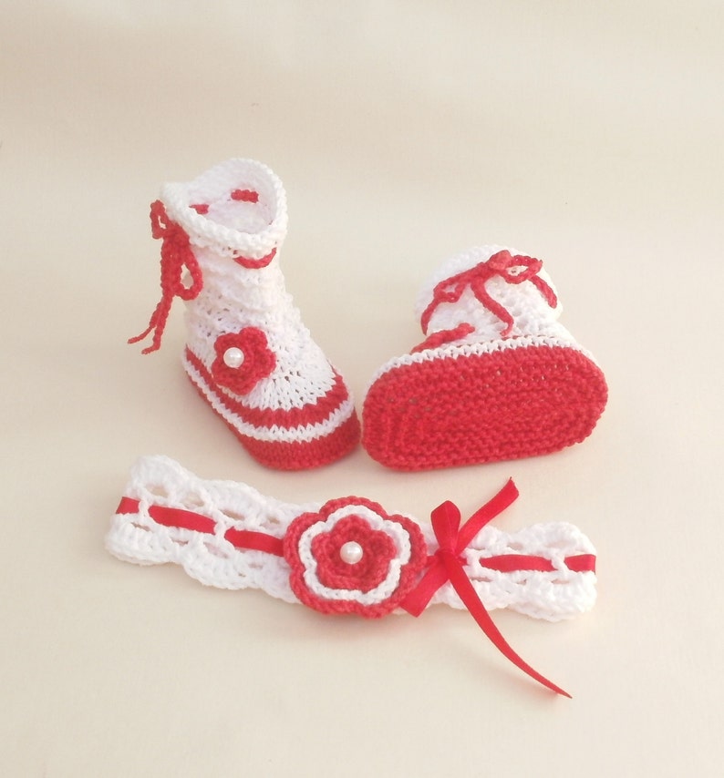 Red and White Baby Socks and Headband Knitted Socks Baby - Etsy