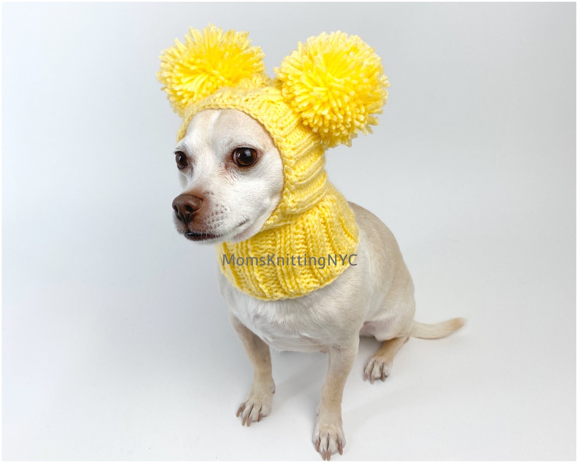 Handmade Yellow Dog Balaclava, Double Pom Pom Knit Beanie - Etsy