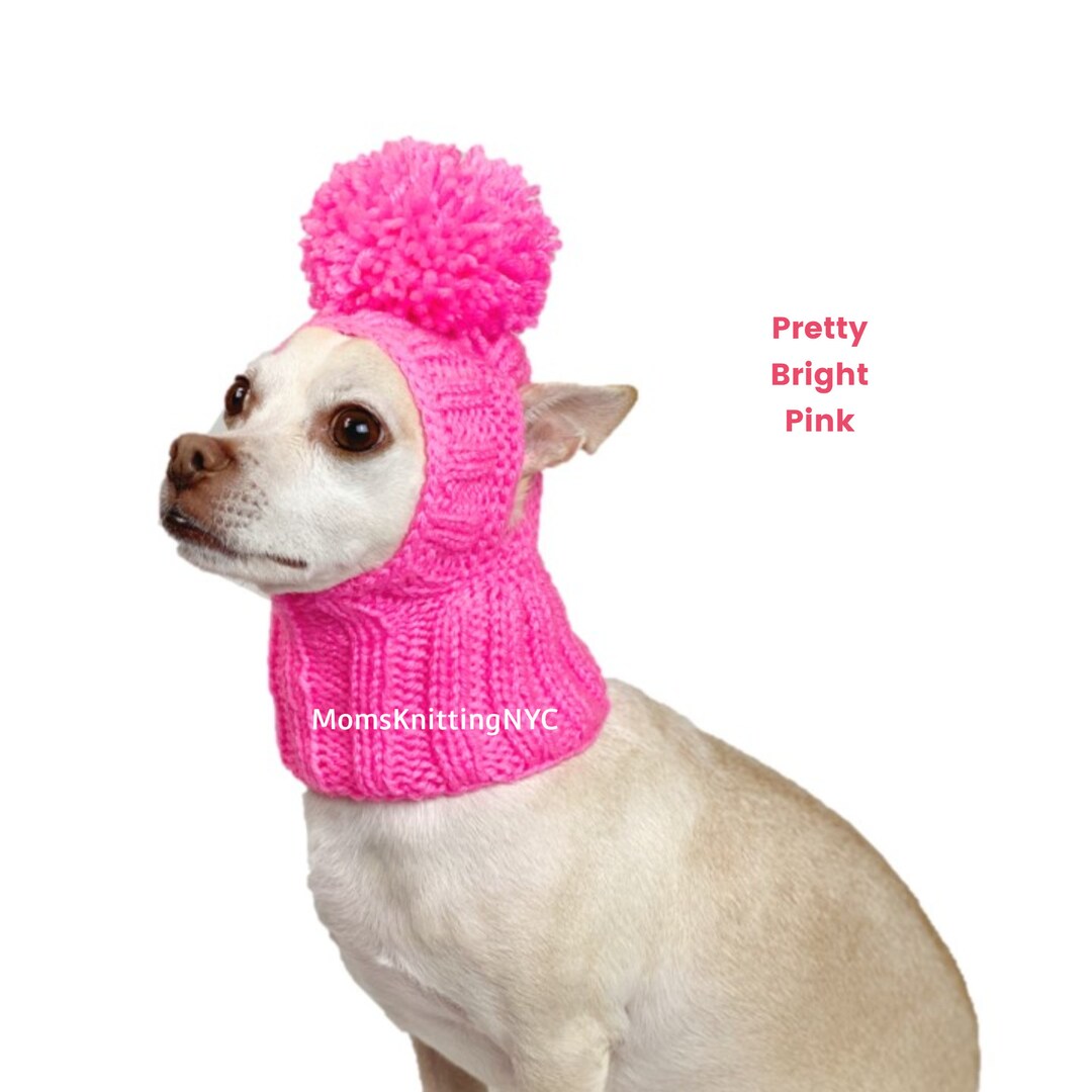 SMALL Dog Hat Pom Pom Snood Hood, Pink Dog Hat EAR HOLES, Chihuahua ...