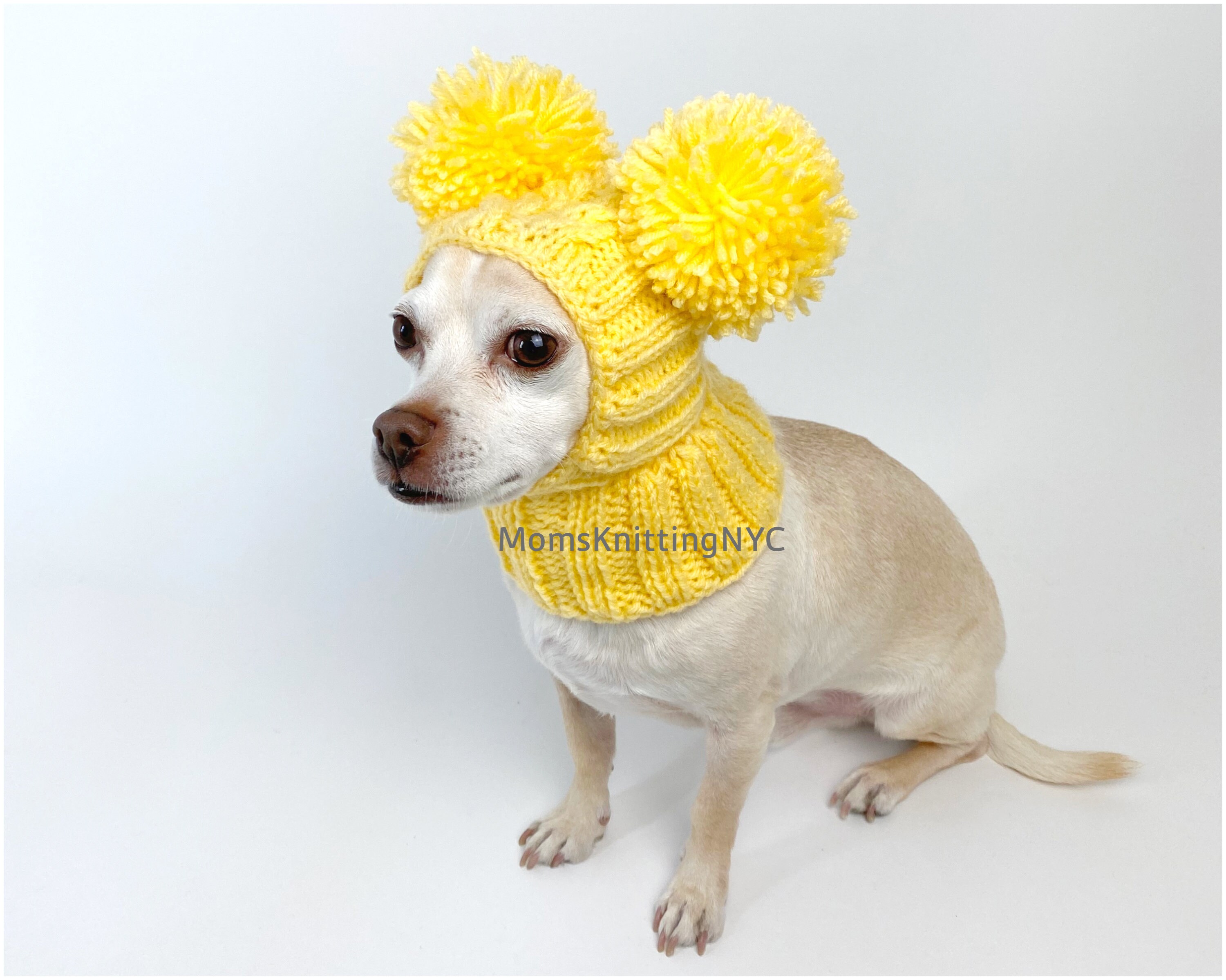 Handmade Yellow Dog Balaclava, Double Pom Pom Knit Beanie - Etsy