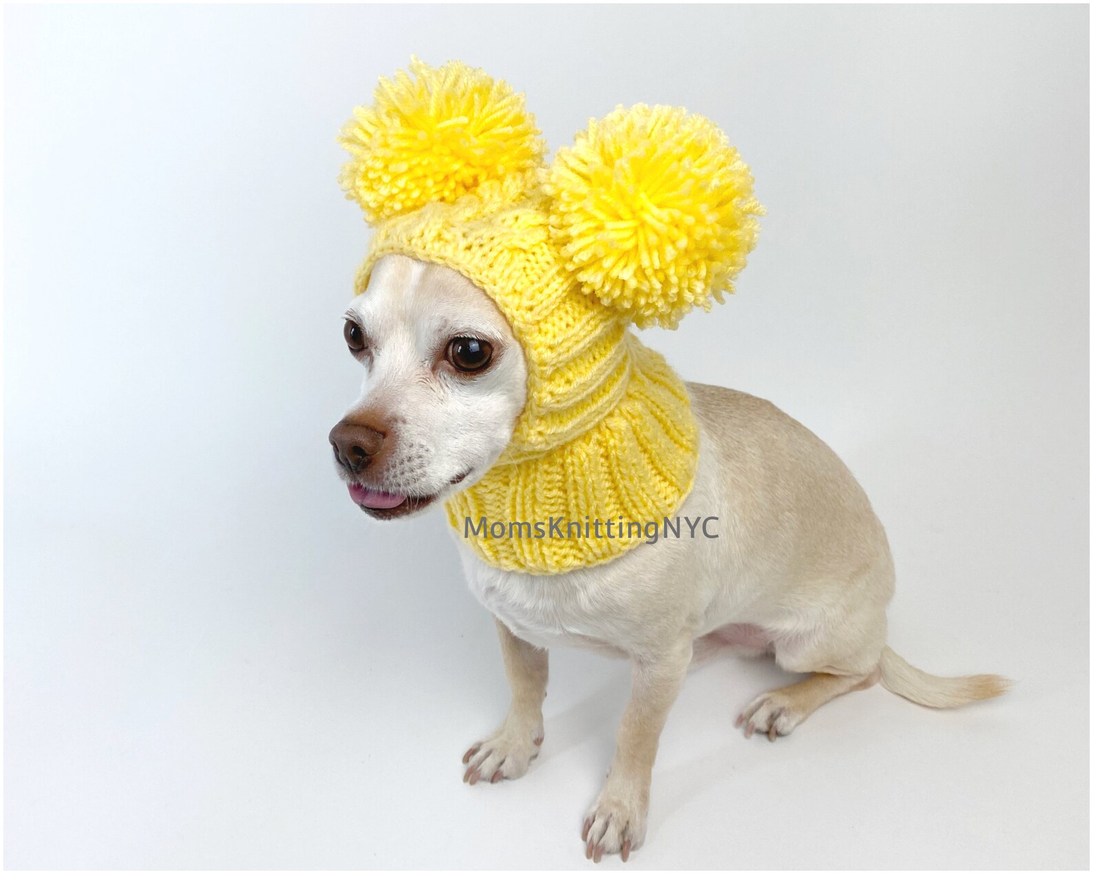 Handmade Yellow Dog Balaclava, Double Pom Pom Knit Beanie - Etsy