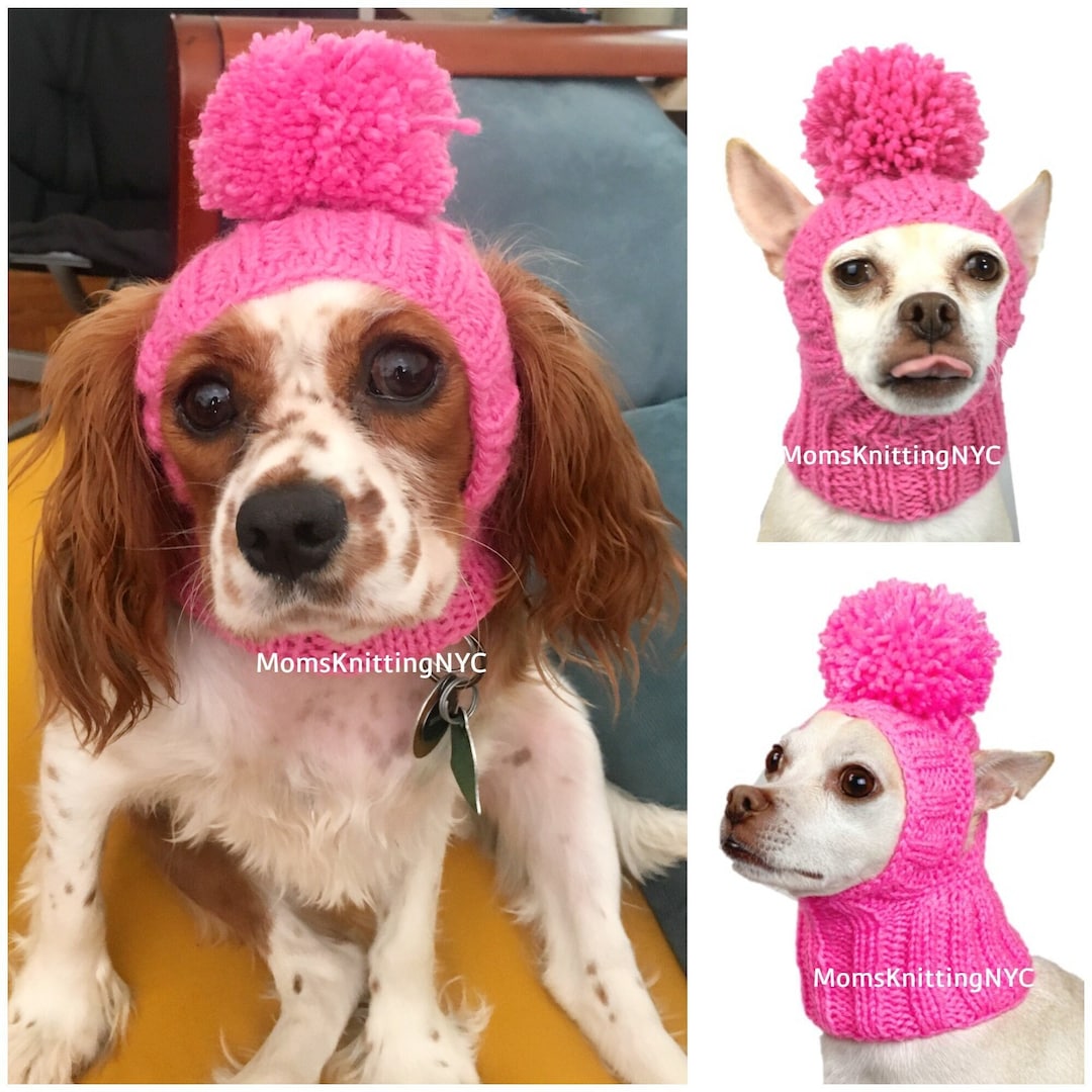 SMALL Dog Hat Pom Pom Snood Hood, Pink Dog Hat With EAR HOLES ...