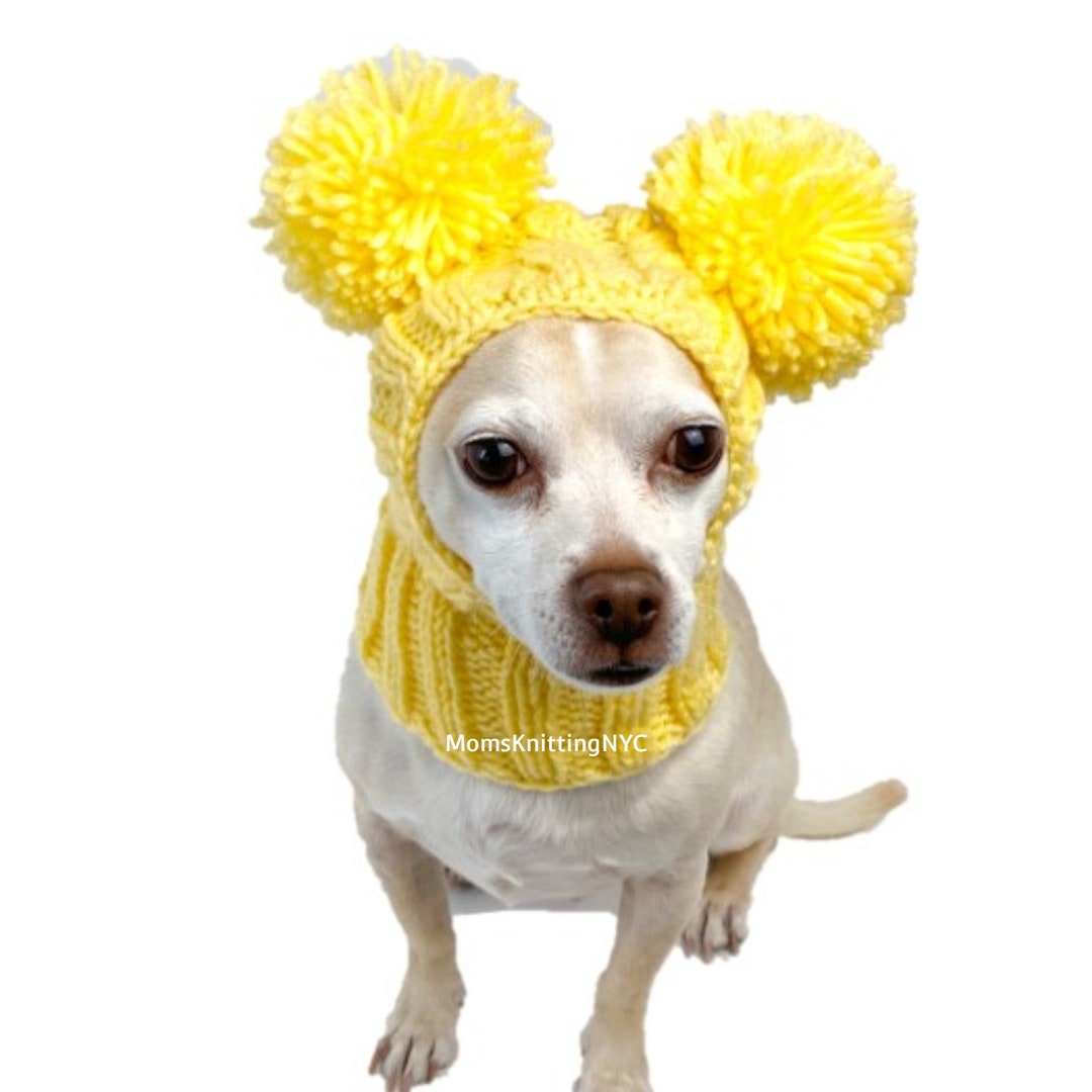 Handmade Yellow Dog Balaclava, Double Pom Pom Knit Beanie - Etsy