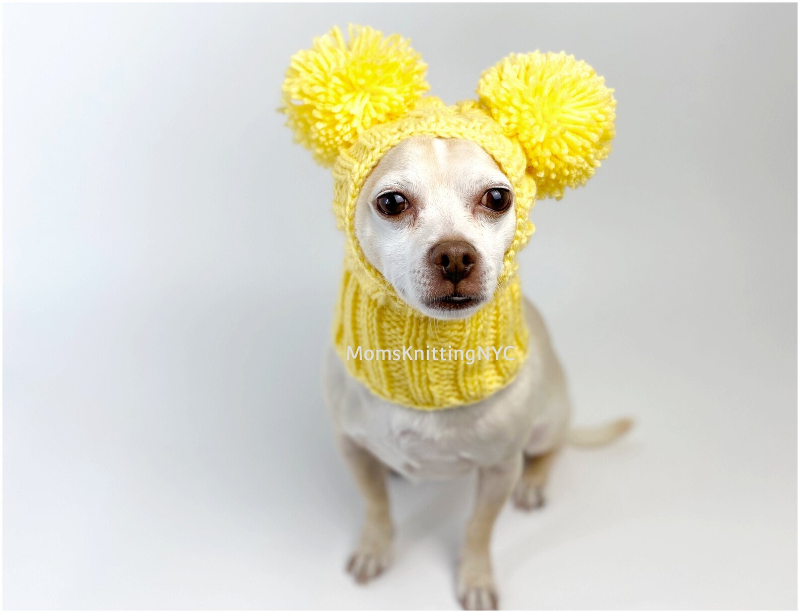 Handmade Yellow Dog Balaclava, Double Pom Pom Knit Beanie - Etsy