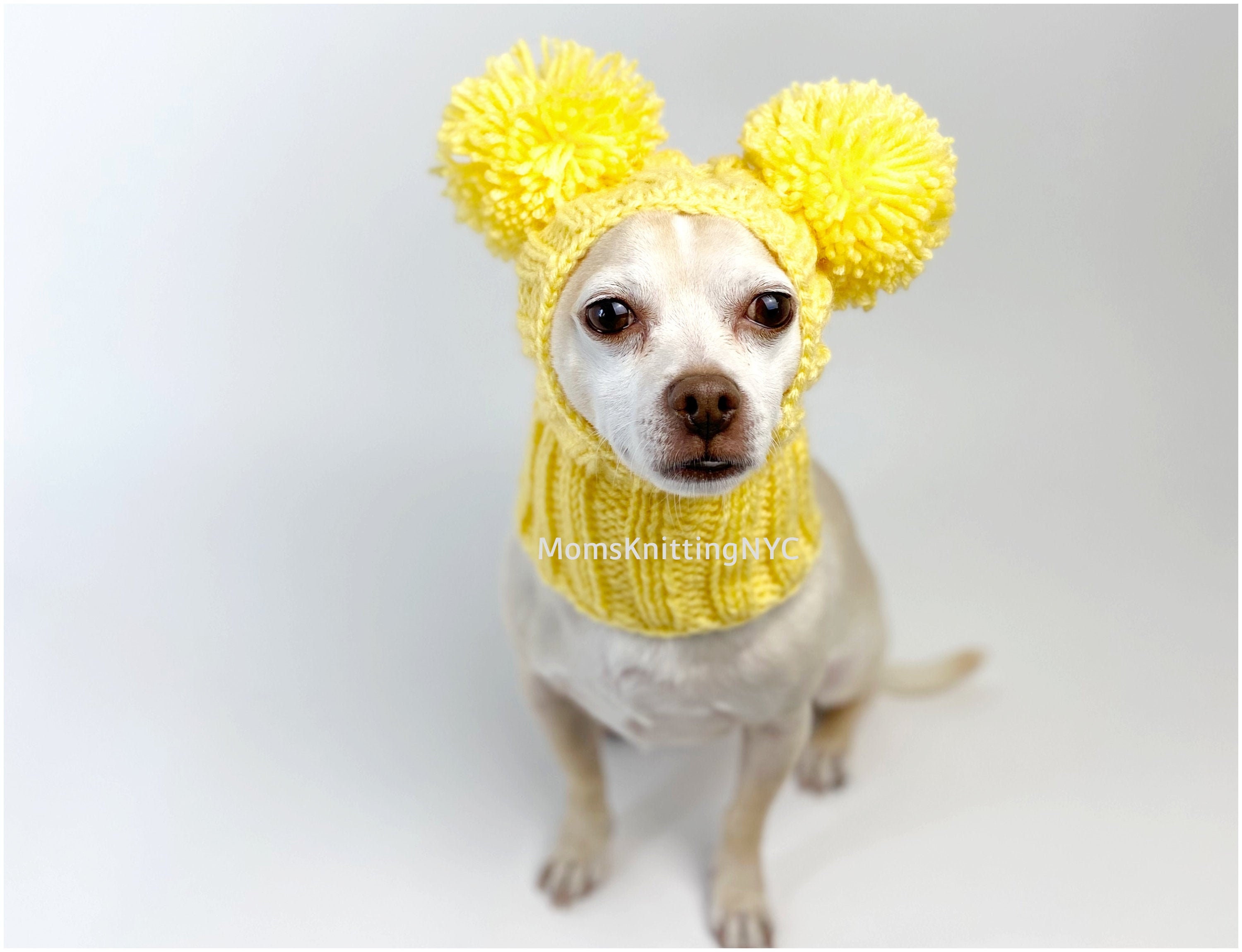 Handmade Yellow Dog Balaclava, Double Pom Pom Knit Beanie - Etsy