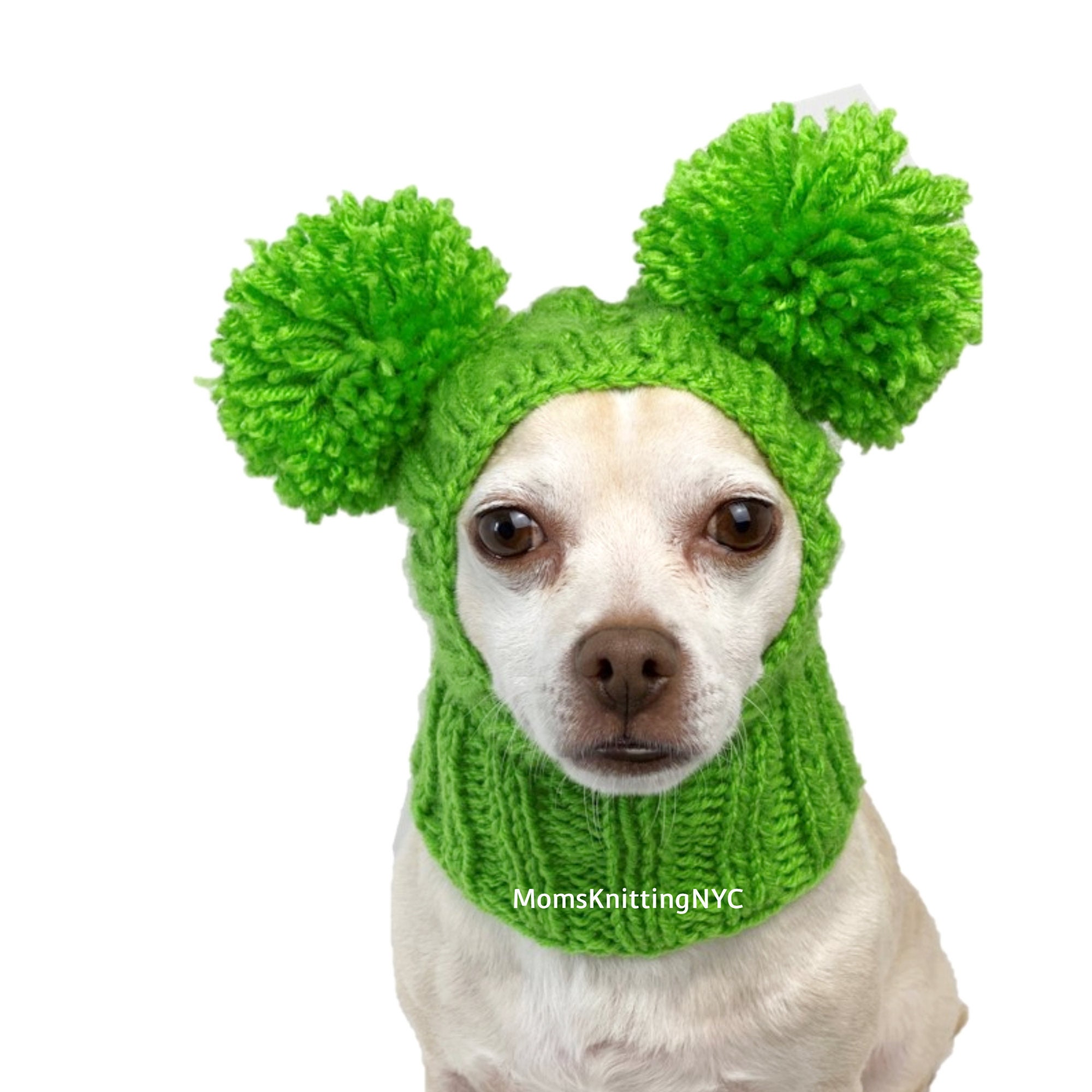 Handmade Green Small Dog Balaclava, Double Pom Pom Knit Beanie - Etsy