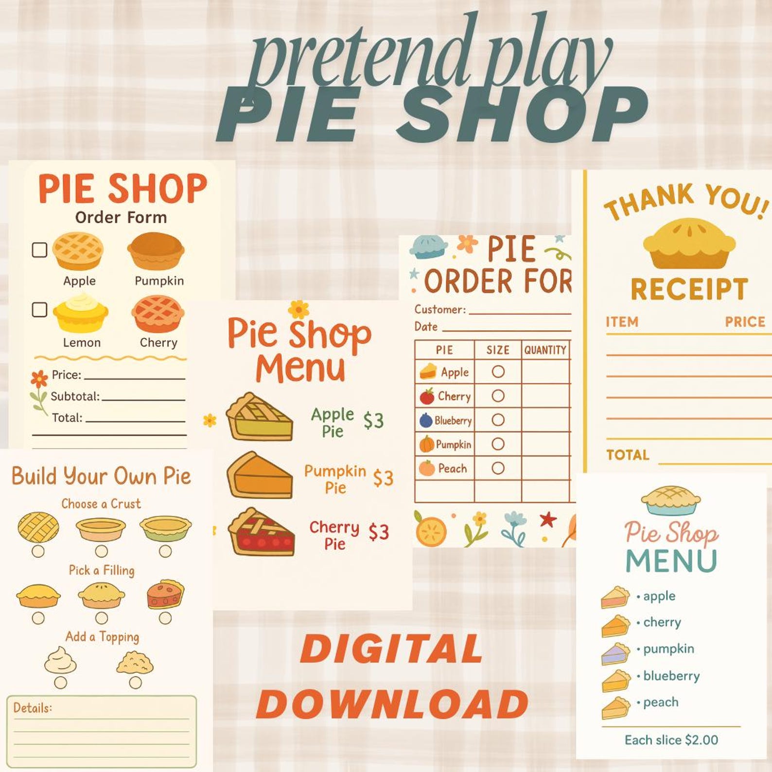 Pretend Play Pie Shop Printable Set | Kids Play Bakery Menu, Order Form ...