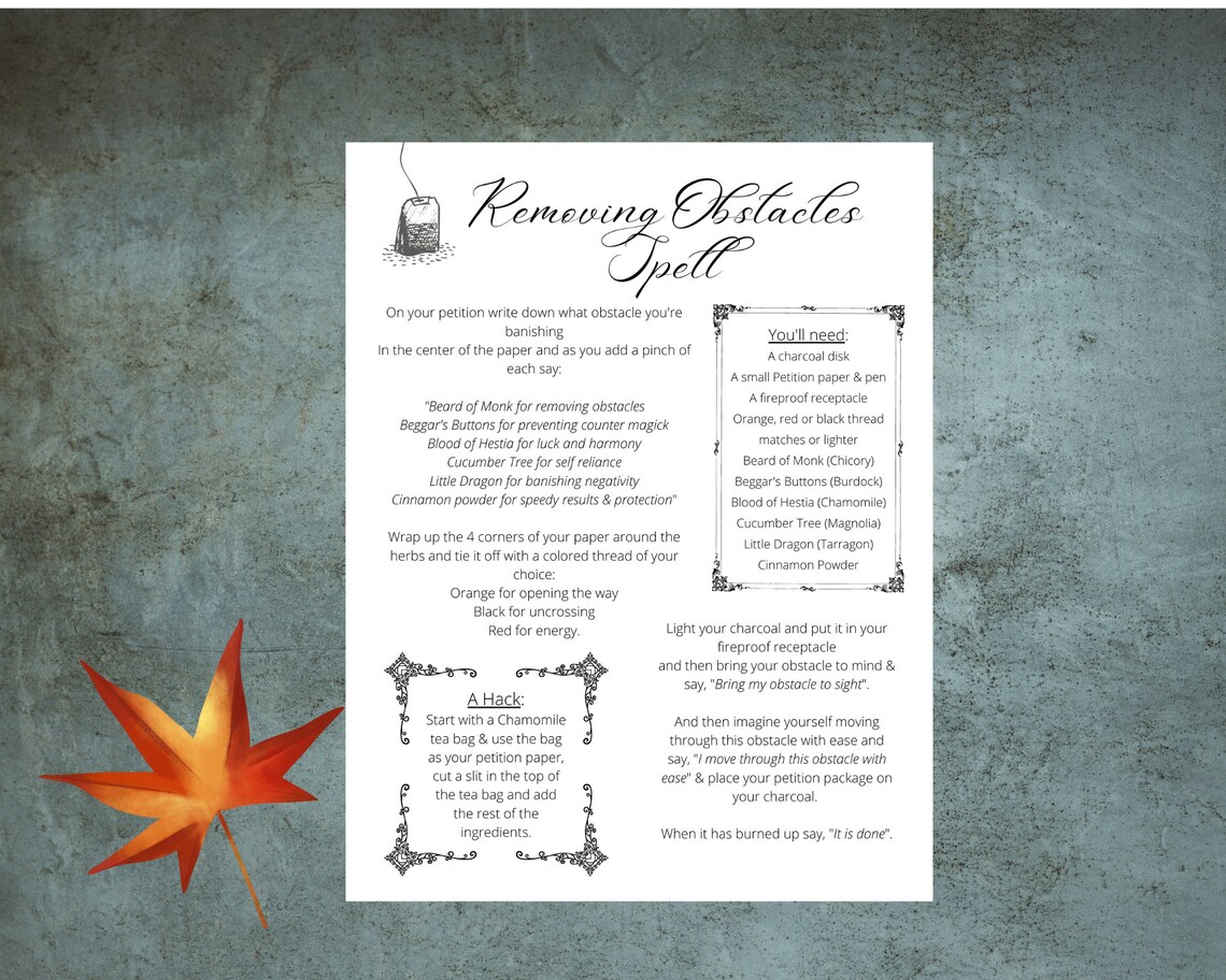 Removing Obstacles Spell Sheet, Printable Digital Download, Book of ...