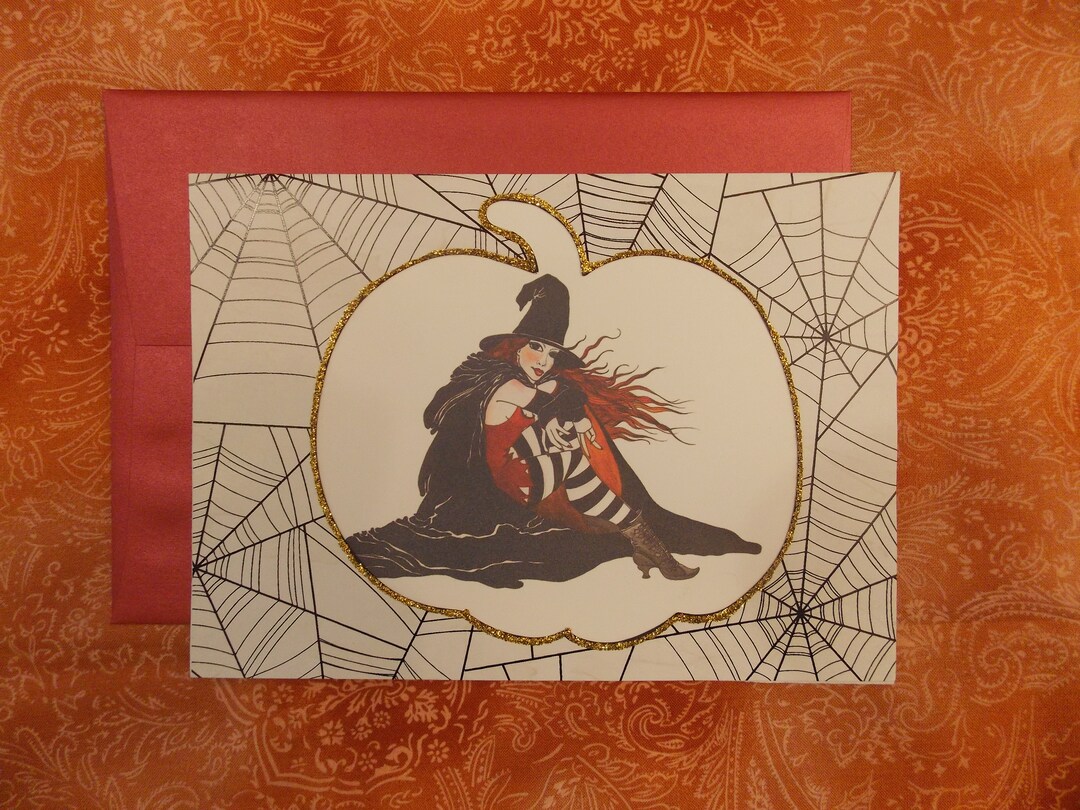 A Hand Embellished Blank Halloween Card Picturing a Little Witch ...